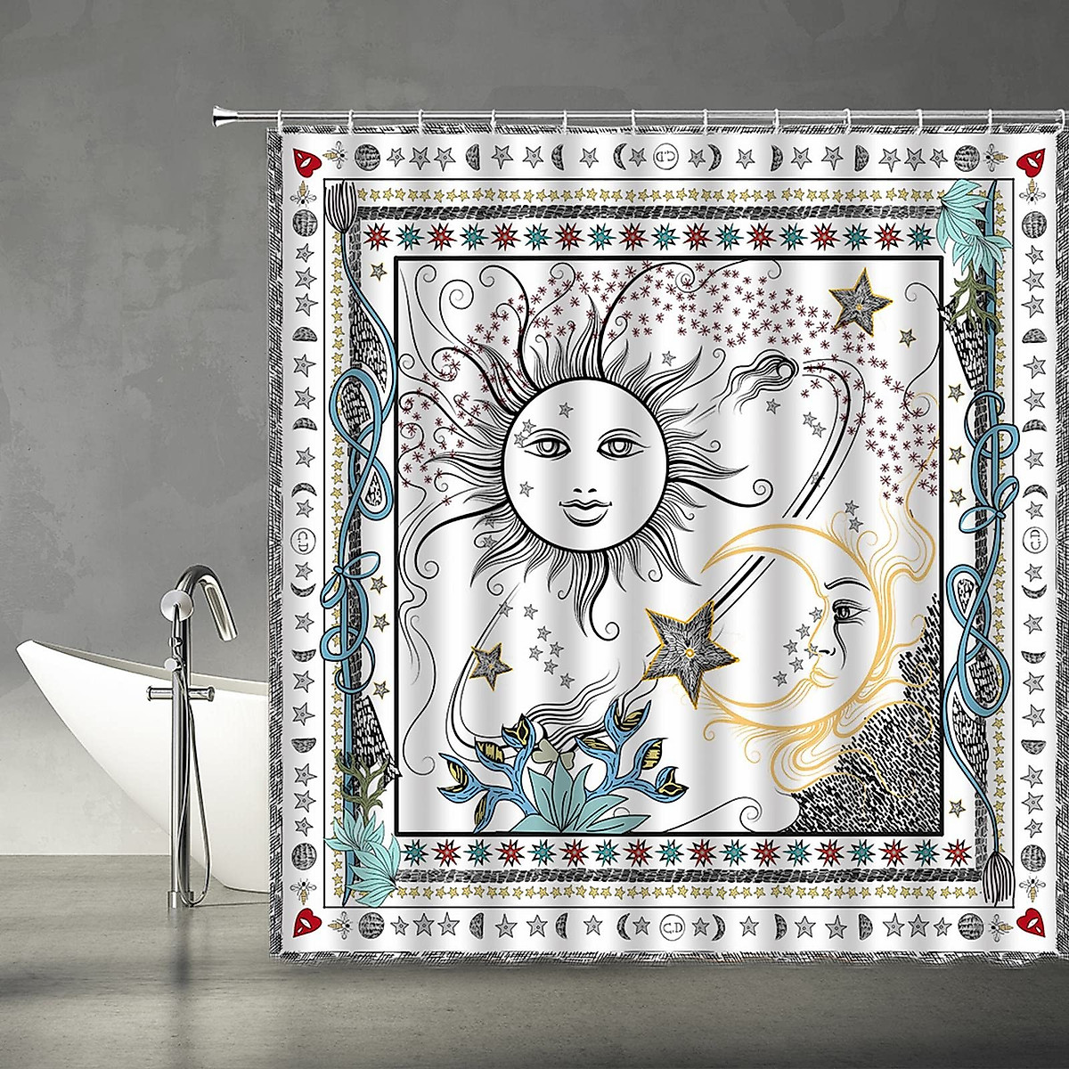 YSATNSFT Sun and Moon Shower Curtain Burning Stars Universe Starry Sky Mandala Celestial Abstract White and Black Decor Medallion Mystic Boho Chic Art Fabric Bathroom Decor Set with Hooks(70" WX70 H)