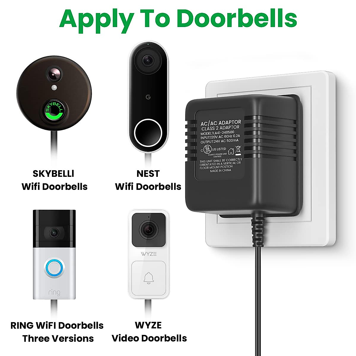 Auspow 24Volt 500mA UL Certified Doorbell Transformer, C Wire Adapter Thermostat, Competible with All Versions of Ring Doorbell and Thermostat for Nest Ecobee(16.4FT Charging Cable-UL Certified)