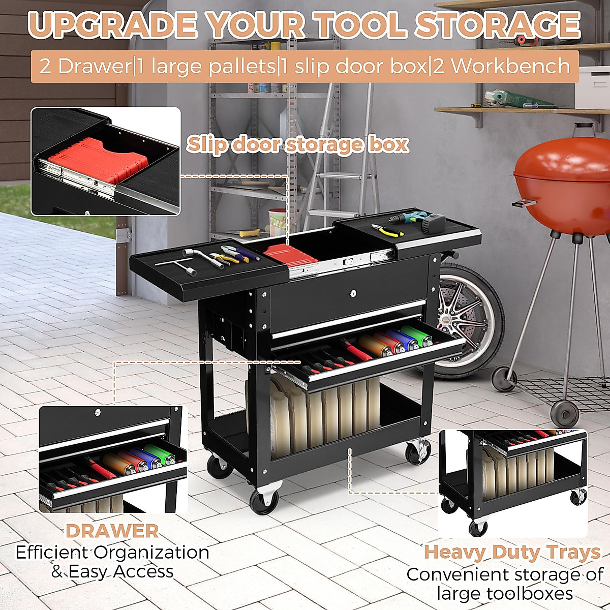 ERGOMASTER Utility Service Cart Tool on Wheels Heavy Duty Metal 4 Tiers Shelves with Drawers Tool Storage Organizer for Warehouse,Garage and Workshop