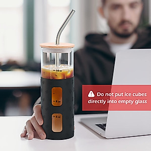 Rich&Ray Glass Tumbler with Straw and Lid, Reusable Iced Coffee Cup, Wide Mouth Water Bottle with Measurement, Wooden Lid with Silicone Protective Sleeve, BPA Free, 2PCS-20oz (Black)