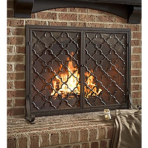Plow & Hearth Metal Fireplace Screen Geometric Bronze | 44" W x 33" H | 2 - Door | Spark Guard Indoor Grate | Iron Fire Place Cover | Wood Burning Stove Decorative Accessories