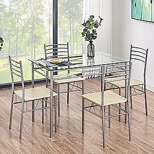 VECELO Kitchen Dining Room Table and Chairs 4, 5-Piece Dinette Sets, Space Saving (Silver), Silvery