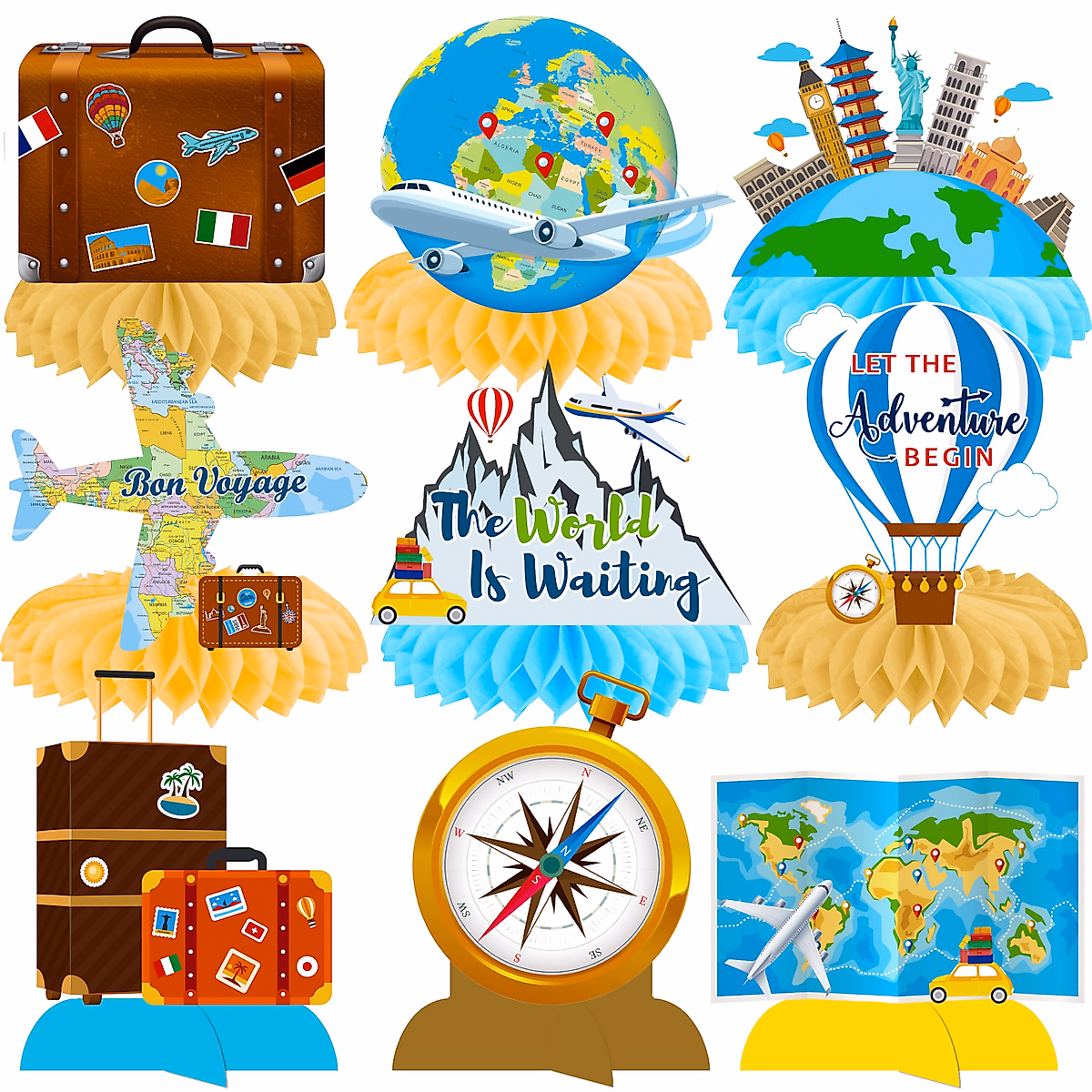 13pcs Travel Theme Party Decorations Let The Adventure Begin Table Honeycomb Centerpieces for Graduation Retirement Job Career Change Farewell Party Supplies