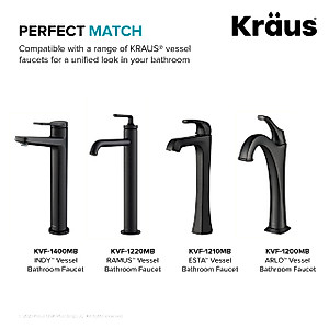 Kraus PU-L10MB Bathroom Pop-Up Drain Assembly for Vessel Sinks Without Overflow, with Extended Thread for Thicker Countertops, 10 3/4 Inch, Matte Black