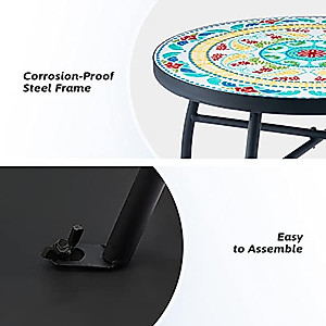 VONLUCE 21" Mosaic Plant Stand, 14 Inch Round Side Table with Ceramic Tile Top, Indoor and Outdoor Accent Table, Outdoor Patio Furniture, End Table for Garden Patio Living Room More, Floral