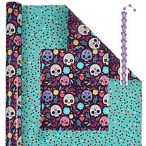 LaRibbons Day of The Dead Reversible Wrapping Paper Roll with Purple Pom Pom, 17 Inch X 33 Feet (47sq.ft.ttl.) Skull Gift Wrap Paper for Dia De Los Muertos, Halloween Decoration, Mexican Fiesta Party