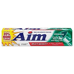 Aim Whitening Anticavity Fluoride Toothpaste, with Baking Soda, Fresh Mint Gel, 6 Oz (Pack of 6)