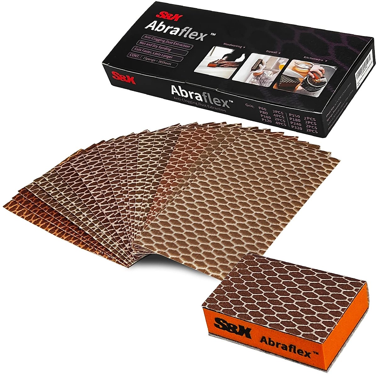 S&X Sanding Sponge Set 20-Pack of Hook and Loop Sandpaper Interchangeable 8 Assorted Grits - Wet and Dry, Anti-Clogging, Durable (20)