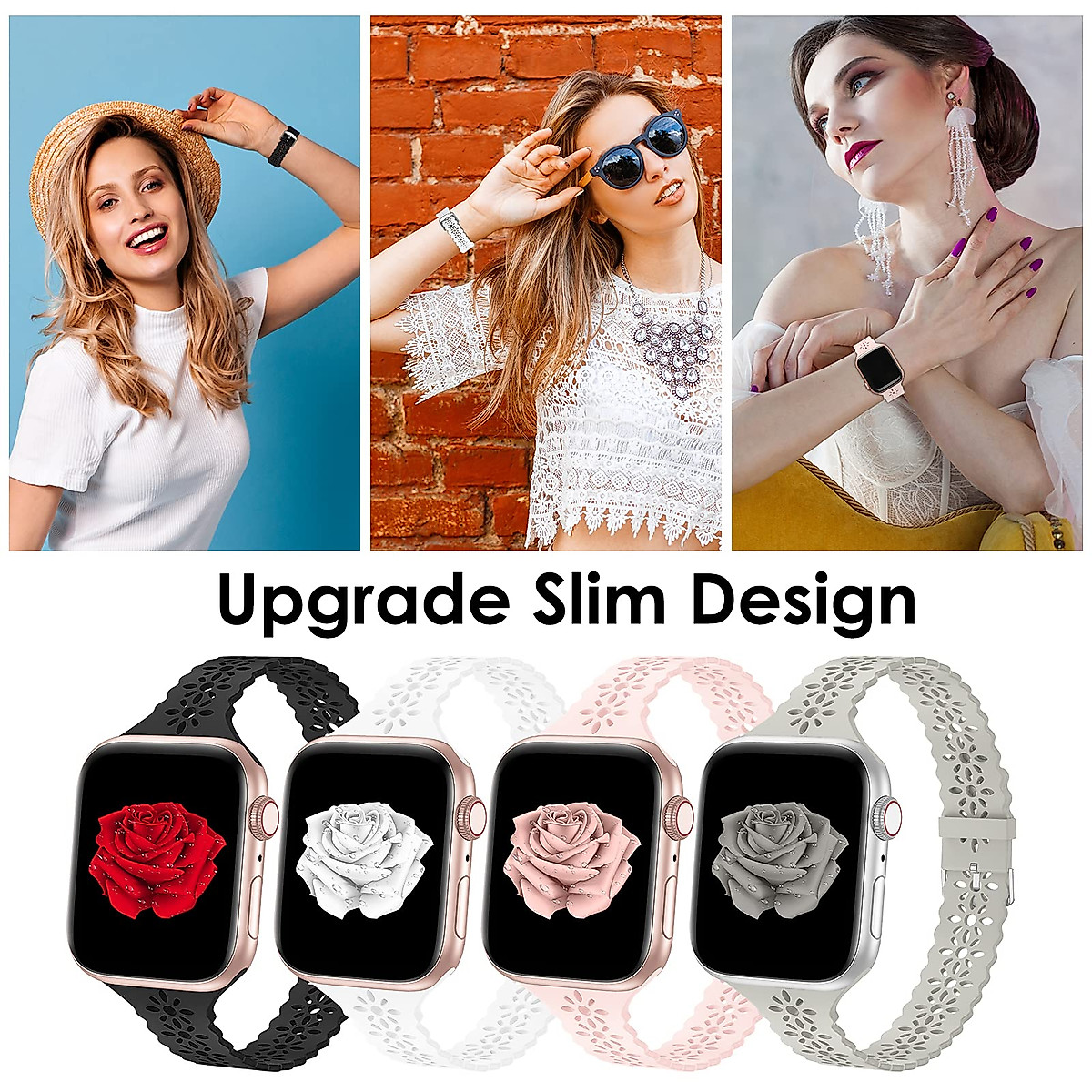 Bandiction 4 Pack Lace Silicone Bands Compatible with Apple Watch Band 38mm 40mm 41mm 42mm 44mm 45mm 46mm 49mm, Women Slim Thin Hollow-out Wristband for iWatch Series 10 9 Ultra 8 SE 7 6 5 4 3 2 1