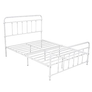 Full Size Metal Platform Bed with Vintage Headboard and Footboard Sturdy Premium Steel Slat Support No Box Spring Needed, Textured White
