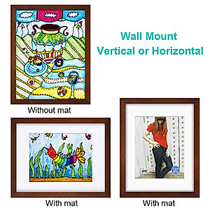 RPJC 11x14 inch Picture Frame Made of Solid Wood and High Definition Glass Display Pictures 8x10 with Mat or 11x14 Without Mat for Table Top Display and Wall Mounting Photo Frame with Stand Brown