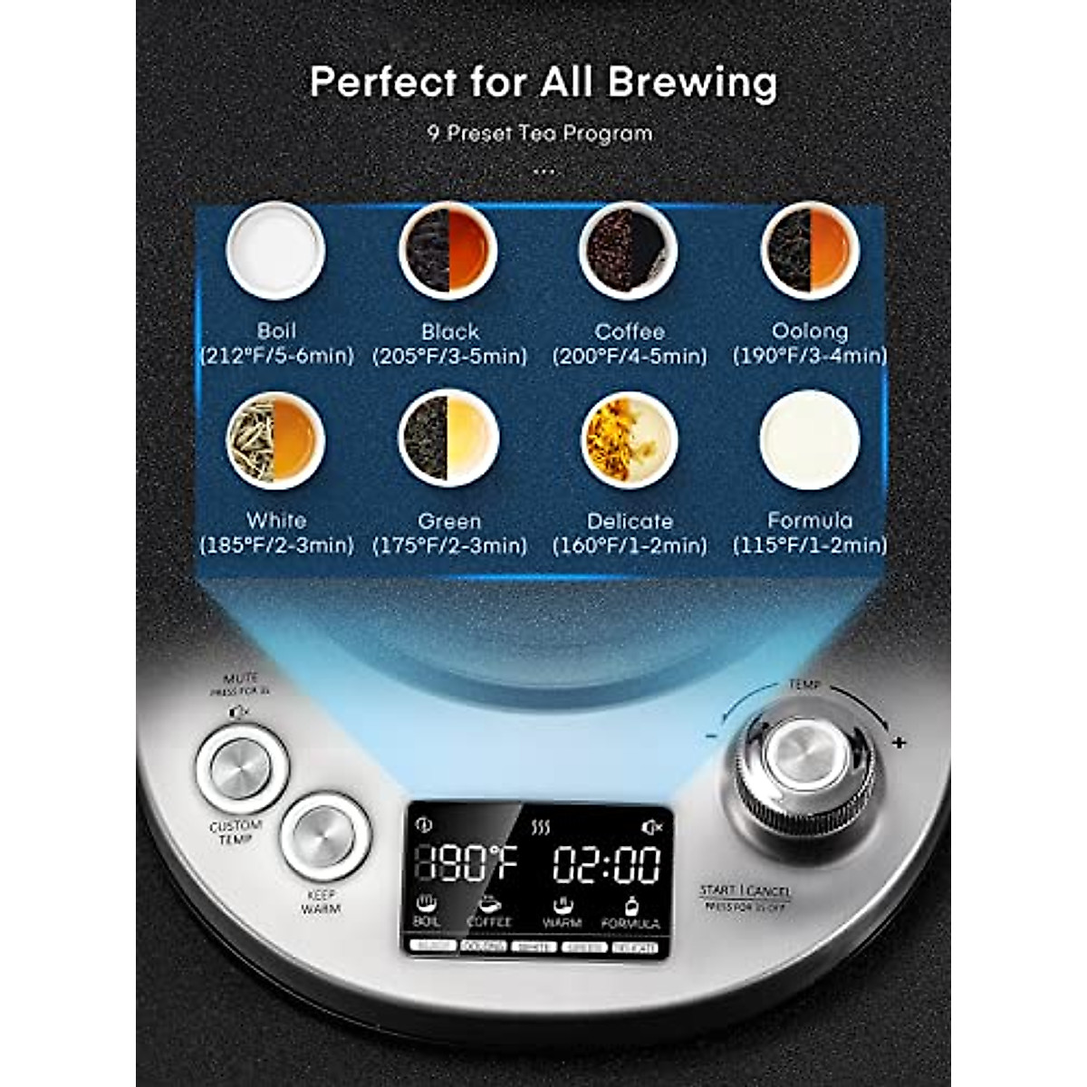 Electric Tea Kettle with 9 Presets, FOHERE Glass Kettle with Removable Infuser, 140℉ to 212℉ Precise Temperature Control, 1200W, 1.7L, Borosilicate Glass | Stainless Steel