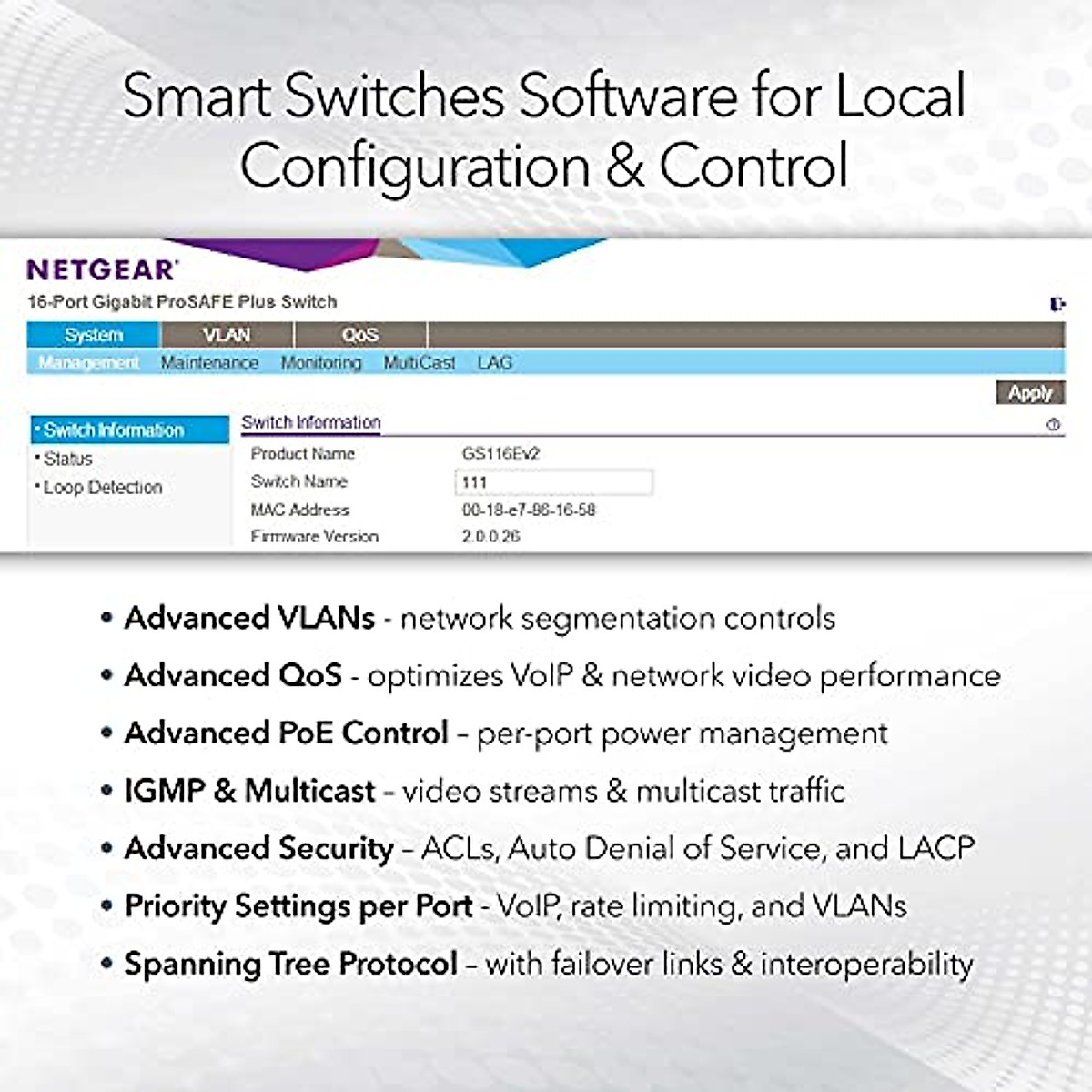 NETGEAR 26-Port PoE Gigabit Ethernet Smart Switch (GS724TP) - Managed, 24 x 1G, 24 x PoE+ @ 190W, 2 x 1G SFP, Optional Insight Cloud Management, Desktop or Rackmount, and Limited Lifetime Protection