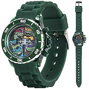 Ninja Turtles Kids' Digital Watch with Green Bezel, LED Lights, Green Strap - With Ninja Turtles on Dial, Safe for Children