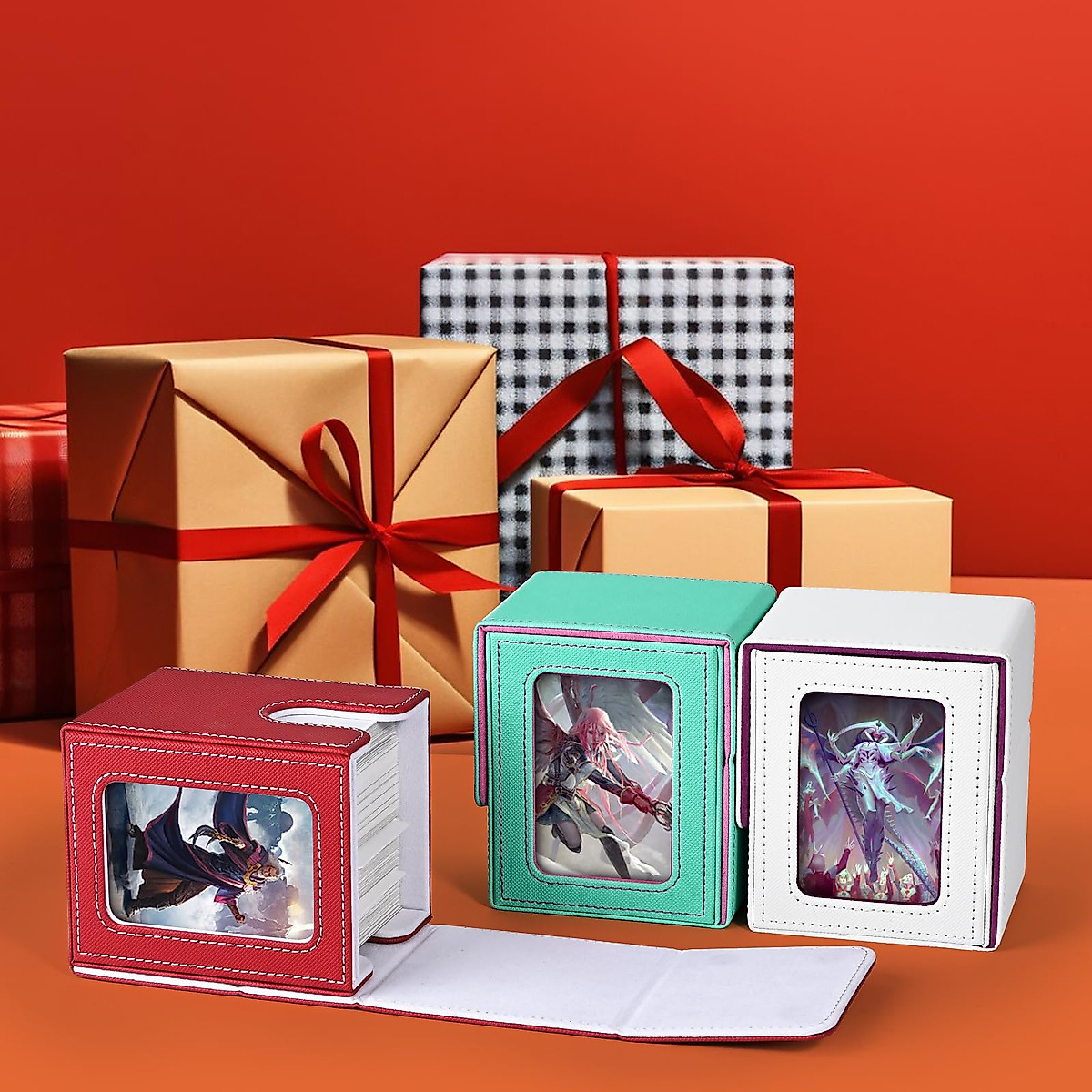 UAONO Card Deck Box with MTG Commander Display, Deck Case Holds 100+ Double-Sleeved Cards, Trading Card Storage Box Fits TCG/PTCG/Sports Card with 2 Dividers, 1 Toploader (Turquoise, Pink)