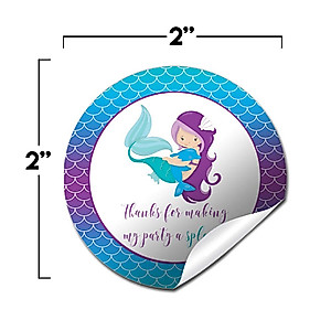 Mermaid Thank You Birthday Party Sticker Labels, 40 2" Party Circle Stickers by AmandaCreation, Great for Party Favors, Envelope Seals & Goodie Bags, Mermaid with Light Complexion