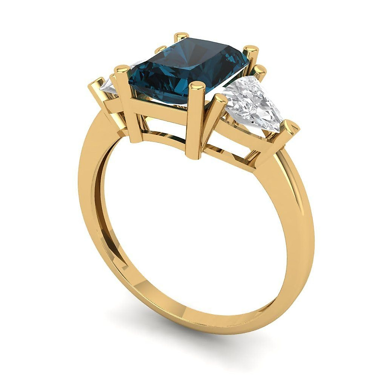 Clara Pucci 2.97ct Emerald Trillion cut 3 stone Solitaire Natural London Blue Topaz gemstone designer Modern Ring 14k Yellow Gold