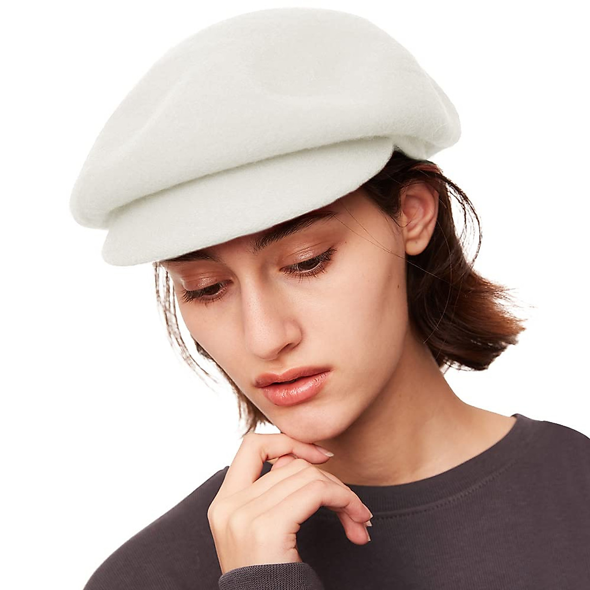 OHYOGA Wool Beret Hat Solid Color French Artist Beret Newsboy Cap for Women Girls SLH2T136, White