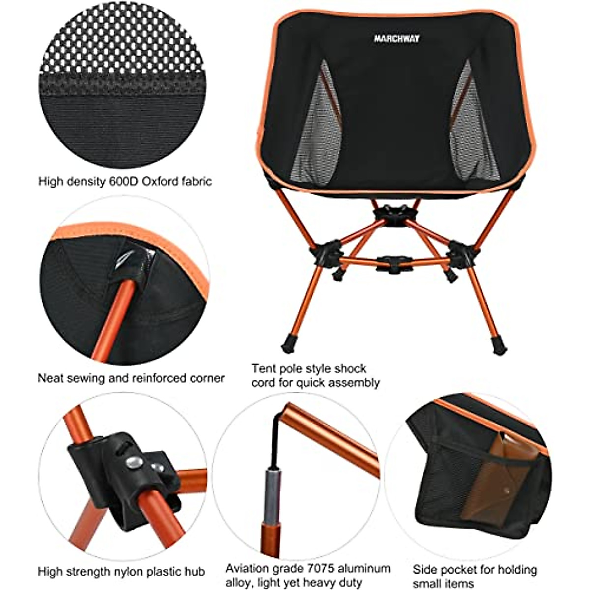 MARCHWAY Lightweight Folding Camping Chair, Stable Portable Compact for Outdoor Camp, Travel, Beach, Picnic, Festival, Hiking, Backpacking, Supports 330Lbs (Orange)