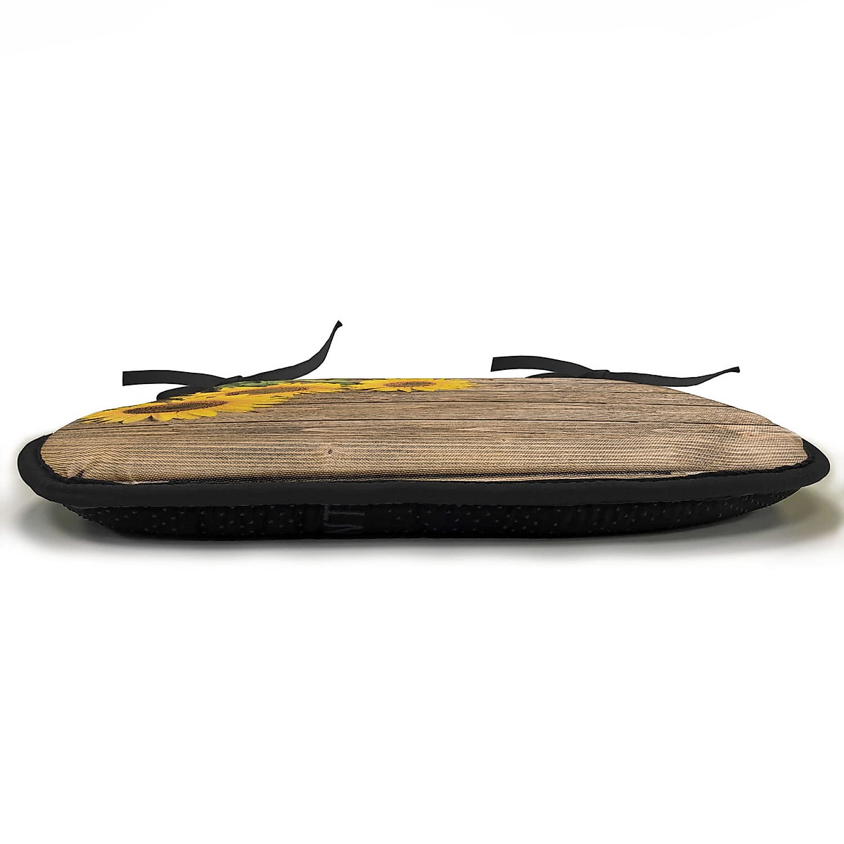 Lunarable Sunflower Chair Cushion Pads Set of 4, 3 Sunflowers on Wooden Background at Top Left Corner Picture Print, Anti-Slip Seat Padding for Kitchen & Patio, 16"x16", Umber Earth Yellow