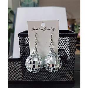 Disco Ball Earrings 60'S 70'S Silver Mirror Disco Ball Drop Dangle 30MM Ball Earrings Dance Party Costume Accessories for Women -1 Pair