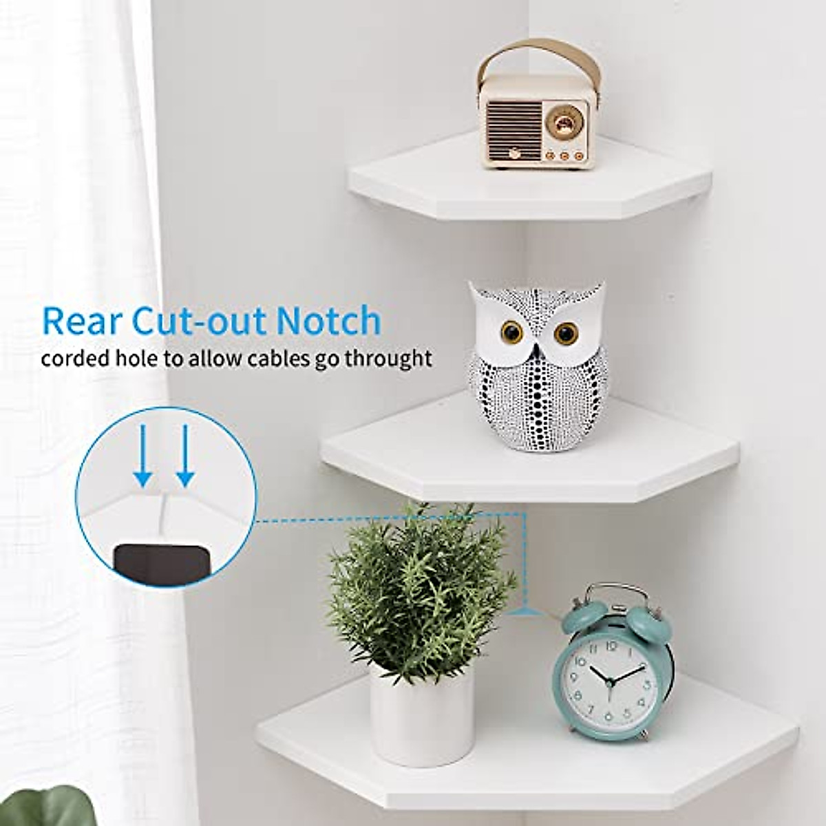 Corner Shelf, Solid Oak Wood White Floating Corner Shelf Wall Mount Organizer with Wire Hole Small Plant Display for Kitchen Living Room Bedroom