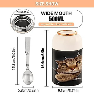CUPADA Cat Funny Food Jar, Black Paper Hole Insulated Hot Food Jars Vacuum 17OZ with Folding Spoon for Work Trip Picnic Camping