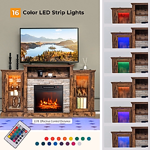 GOFLAME Fireplace TV Stand with LED Lights for TV up to 65”, Entertainment Center with 18” Electric Fireplace, Remote & APP Control, TV Console with Adjustable Glass Shelves (Brown)