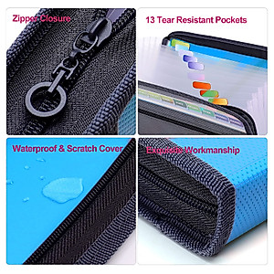 MEGREZ Expanding File Folder with 13 Pockets, A4 Paper File Folder with Zipper Color Labels, Waterproof Accordion File Folder Organizer for Home Office, Blue