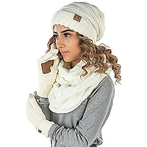 Funky Junque Oversized Beanie, Glove, & Scarf Bundle: Ivory
