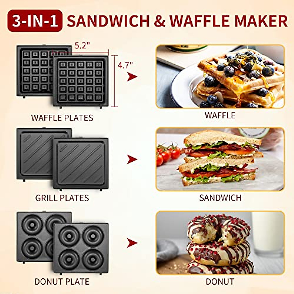 Waffle Maker Mini, Sandwich with Removable Plates 3-in-1, Breakfast Waffle Iron Machine Small Belgian, Donut Maker, Non-Stick, Compact Design, Grilled Cheese, Keto Chaffles, Paninis, Gray 600W BEZIA