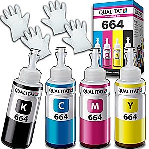 QUALITAT Epson 664 Ink Refill Bottles | All 4 Colors + 4 Gloves + Ink Storage Box | Epson 664 for L365 Ink, ET-2550, ET-2650, ET-2600, ET-2500 (Black, Cyan, Magenta, Yellow) | Tinta 664