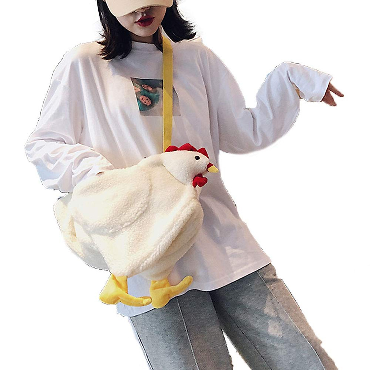 Women Cute Cartoon Chicken Animal Fluffy Shoulder Handbag Teenager Girl Rooster Shoulder Bag Plush Crossbody Bag (White)