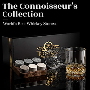 Whiskey Chilling Stones Gift Set - 6 Handcrafted Premium Granite Round Sipping Rocks - 2 Crystal Glass Tumblers - Hardwood Presentation & Storage Tray - Elegant Gold Foil Gift Box by R.O.C.K.S.