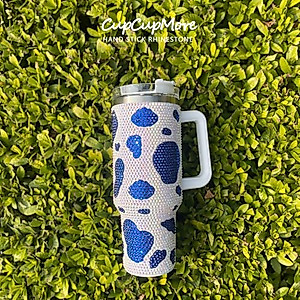 Cupcupmore 40oz Dark Blue Cow Bling Rhinestone Stainless Steel Sippy Tumbler Glitter Vacuum Insulated Water Bottle with Straw & Lid & Handle,Thermos for Hot & Cold Drinks,Car Cup Holder,Coffee