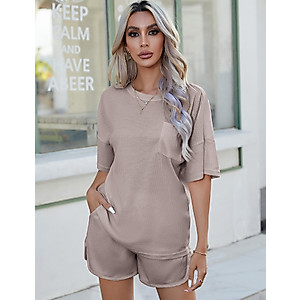 Andeip Women's Waffle Knit Pajama Set Casual Short Sleeve Shirt with Shorts Pajama Pant Sleepwear Sets Light Khaki M