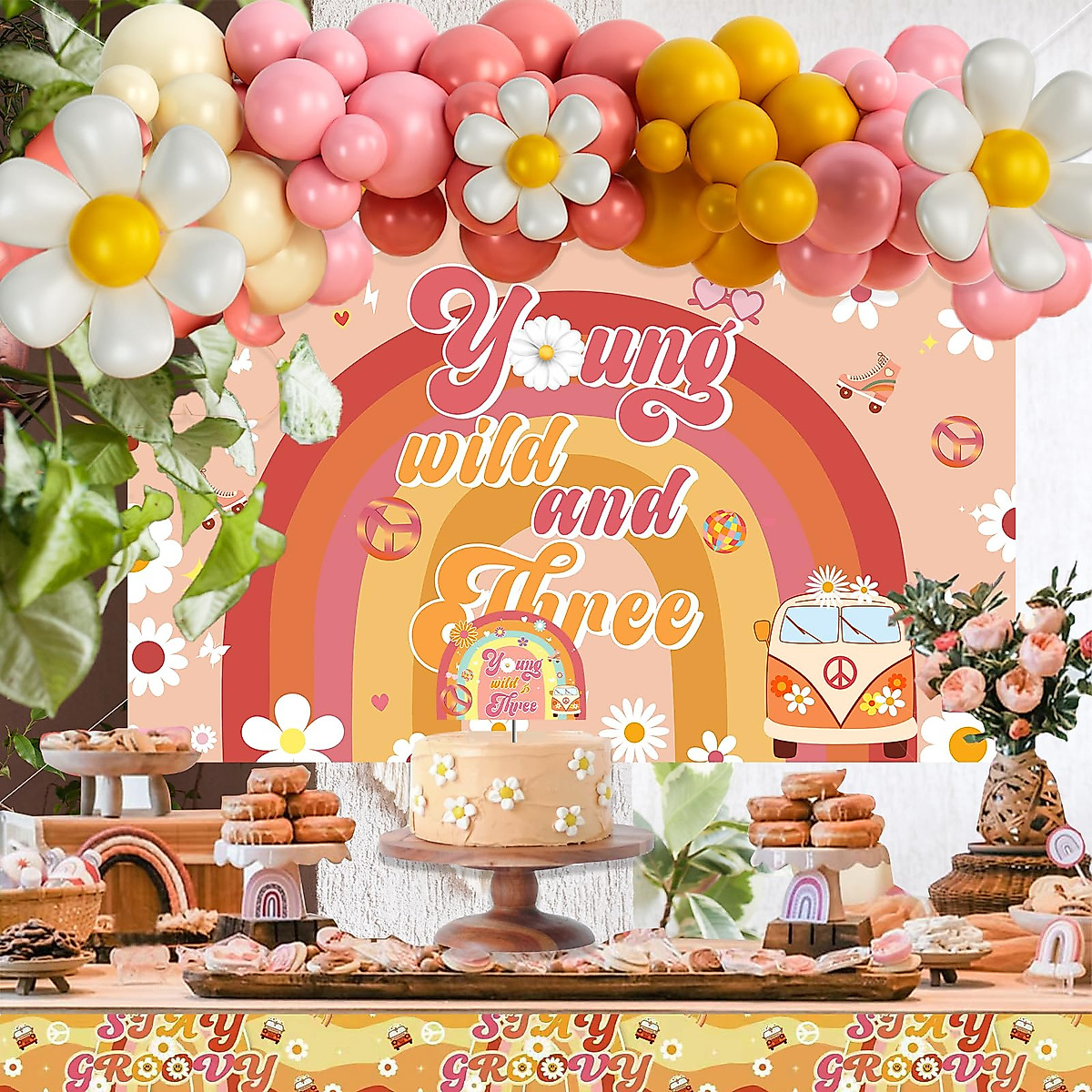 Hombae Young Wild and Three Party Decorations Girl, 3rd Birthday Decorations Girl, Boho Daisy Hippie Third Supplies, Retro Balloon Backdrop Banner Tablecloth Cake Topper Plates Napkins Forks 257 PC