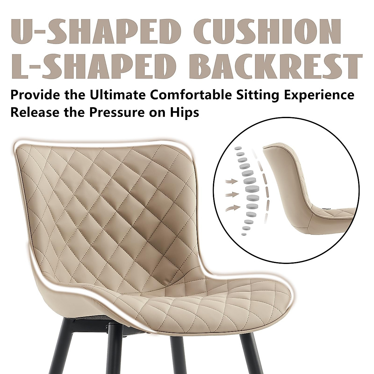 YOUTASTE Khaki Dining Chairs Set of 2 Mid Century Modern PU Leather Diamond Upholstered Accent Guest Dinner Chair with Back Metal Legs for Kitchen Living Reception Waiting Room