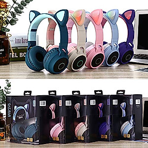 Aresrora Wireless Bluetooth Kids Headphones, Cat Ears Bluetooth Over Ear Headphones Volume Limiting,LED Lights, FM Radio, TF Card, Aux, Mic for iPhone/iPad/Kindle/Laptop/PC/TV (Purple)