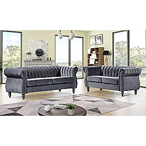 Container Furniture Direct Quinones Modern Chesterfield Couch with Elegant Rolled Arms, Nailhead Trim & Channel Tufting, 59.1" Wide Loveseat, Silverish Grey