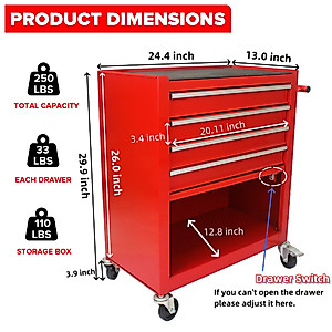 nifoti 4 Drawers Tool Cart on Wheels,Rolling Tool Box Tool Storage， Drawers Rolling Tool Box Organizer Tool Case for Garage, Warehouse, Workshop, Repair Shop (4 Drawers(Red))
