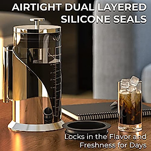 Cafe Du Chateau Start Brewing Perfect Iced Coffee & Tea w/Our Cold Brew Coffee Maker, Pitcher for Fridge (34oz) - Air Tight Seal, Measuring Label - Stainless Steel Iced Coffee Maker Machine, Brewer