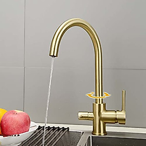 Techzm Tri Flow Water Filtration Kitchen Faucet 3 Way Water Filter Taps Brushed Golden