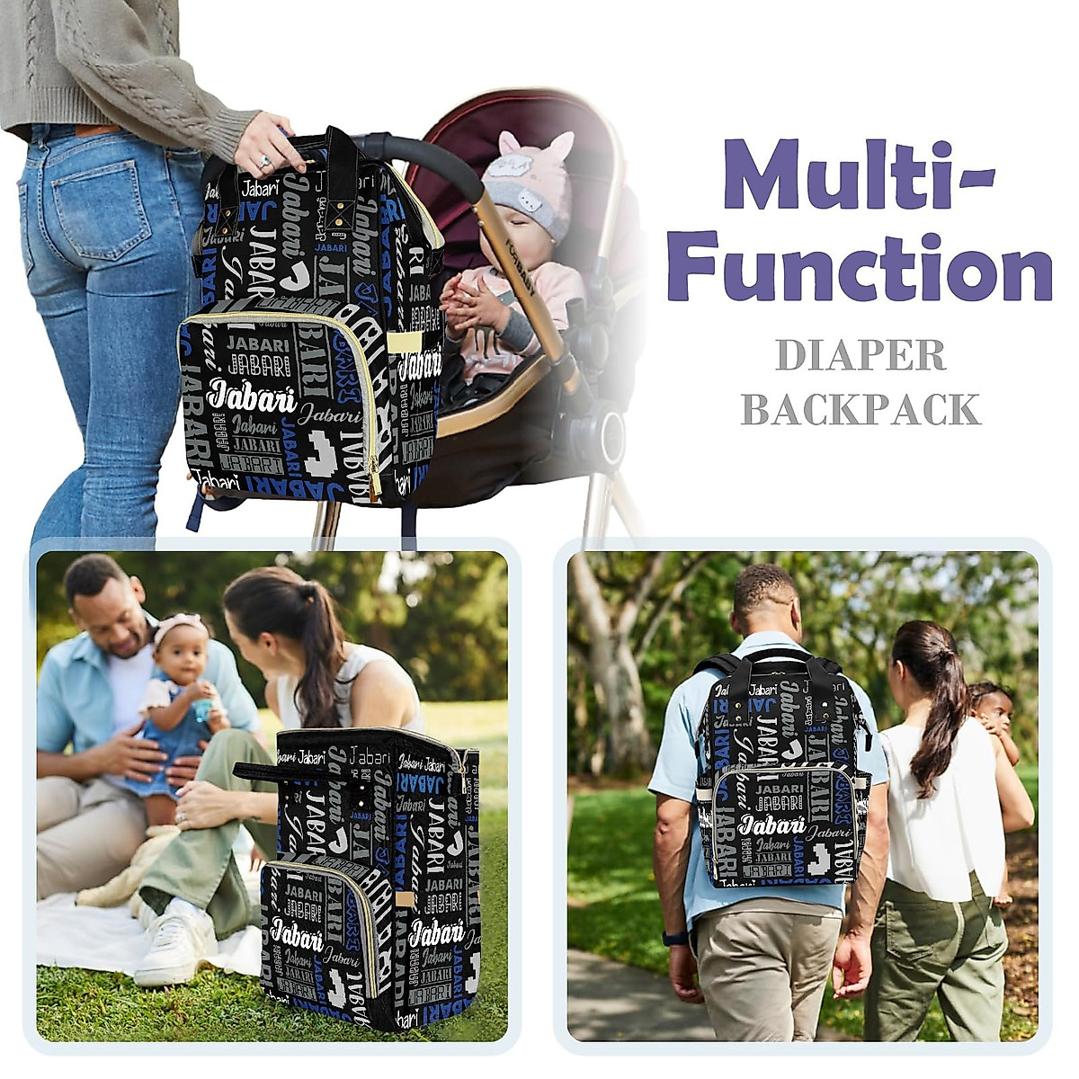 ZAACUSTOM Custom Name Boy Baby Bags, Nylon Personalized Diaper Bag Backpack for Baby Boy Mom, Large Capacity, Waterproof, Multifunctional, Adjustable Shoulder Straps