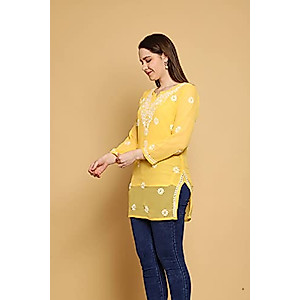 Ada Indian Handcrafted Chikankari Yellow Georgette Kurti Top Tunic with inner for Women A911304 (L)