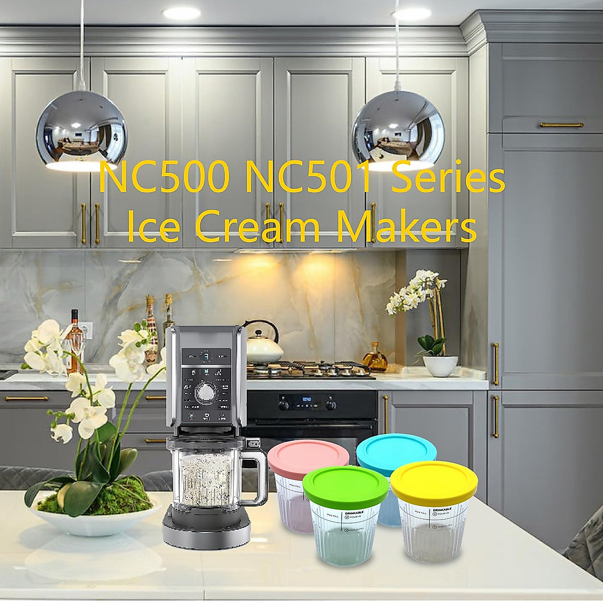 adwrparts Replacement for Ninja Creami Deluxe Pints and Lids 4 Pack, Compatible with Ninja CREAMi Deluxe 11-in-1 Ice Cream Makers NC500 Series, NC500 NC501 etc(4 Contains+4 PE Lids)