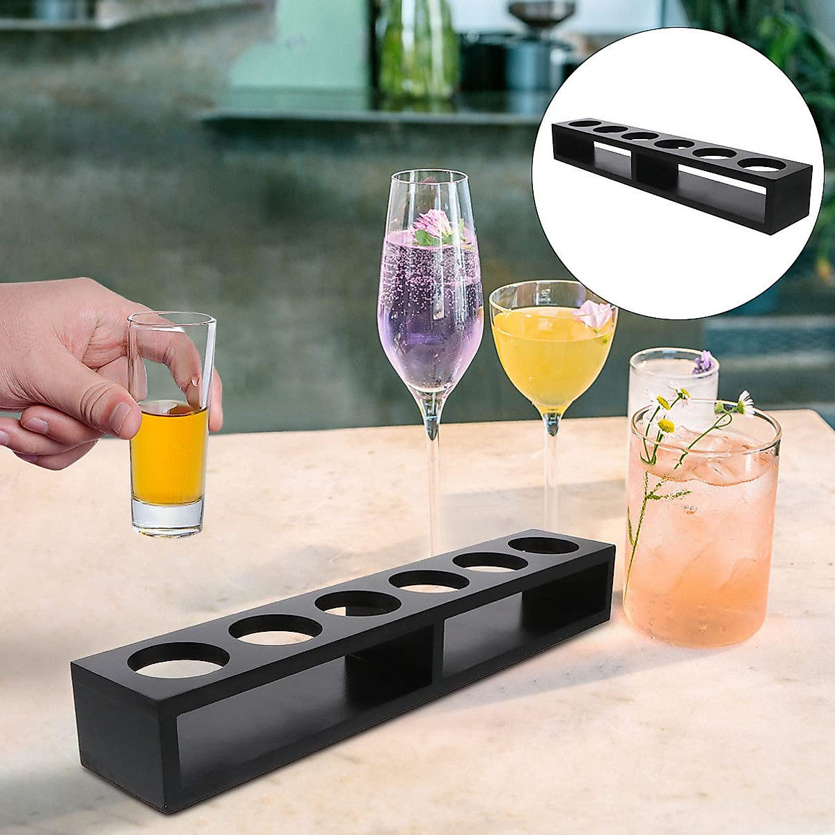 DOITOOL Black Shot Glass Holder Rack, Professional Wooden Holder for Tequila, 6 Thick Base Shot Serving Tray for Whiskey, Vodka, Tequila, Cocktail, Soju, Party, Bar, Nightclub