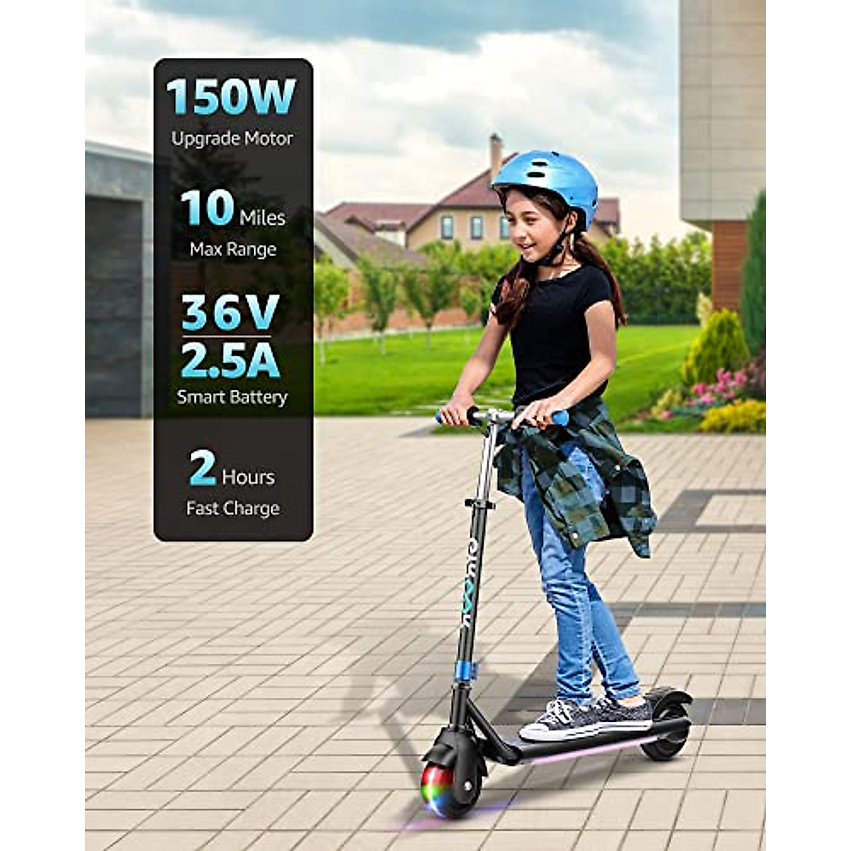Gyroor Electric Scooter for Kids, 10 Miles Distance, 150W Motor, Bluetooth Music, Dual Brake System, Adjustable Height and Speed, Electric Scooter for Kids Ages 8-12, Ideal Gifts, Blue