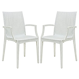 LeisureMod Hickory Weave Indoor Outdoor Patio Dining Side Armchair, Set of 2 (White)