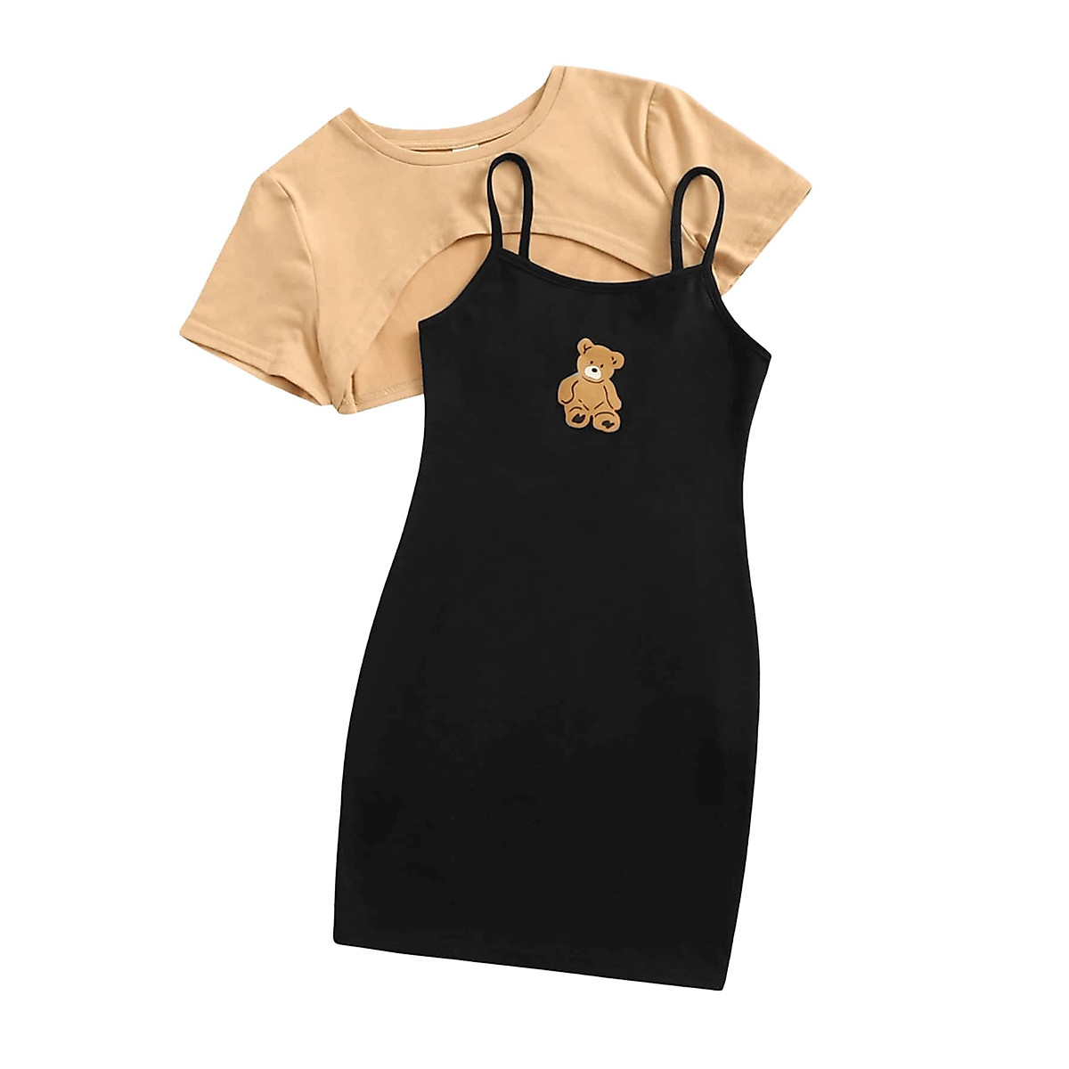 SOLY HUX Girl's 2 Piece Outfits Short Sleeve Crop Top and Cartoon Print Cami Dress Set Multicoloured 11-12Y